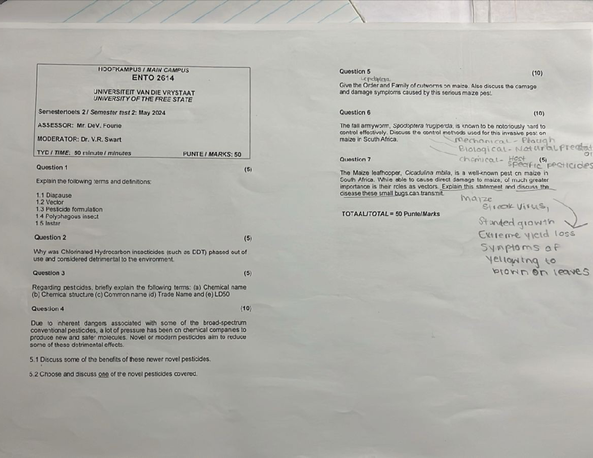 ENTO PDF 1 - question paper - HOOFKAMPUS MAIN CAMPUS Question 5 (10) ENTO 2614 Lepidoplara Give ...