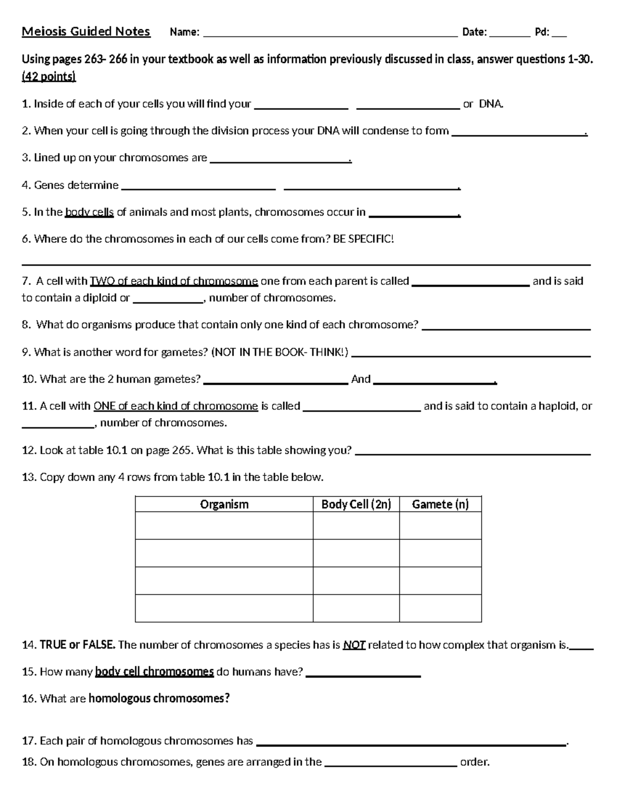 Meiosis Guided Notes (Biology 101) - Key Concepts & Questions - Studocu