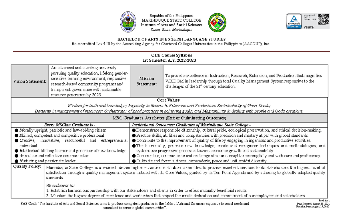 OBE- Baels-Format - Engineering - MARINDUQUE STATE COLLEGE Institute of ...