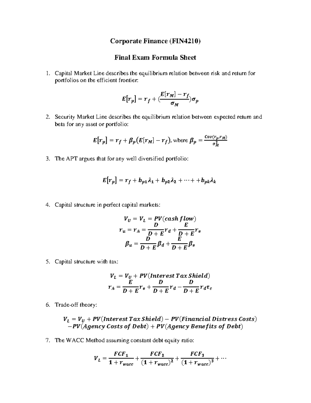 Final Exam Formula Sheet for Corporate Finance (FIN4210) - Studocu