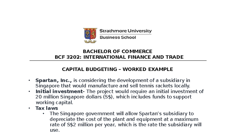 BCF 3202: Capital Budgeting Notes on Spartan, Inc. Subsidiary Project ...