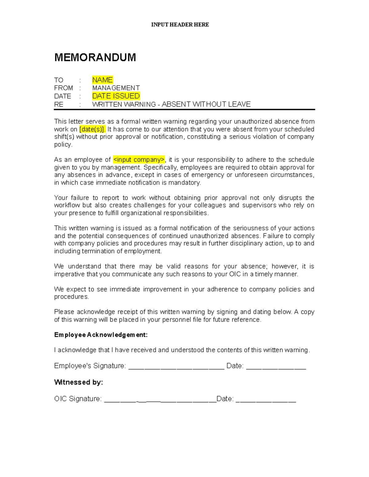 Written Warning - Unauthorized Absence Notification - Studocu