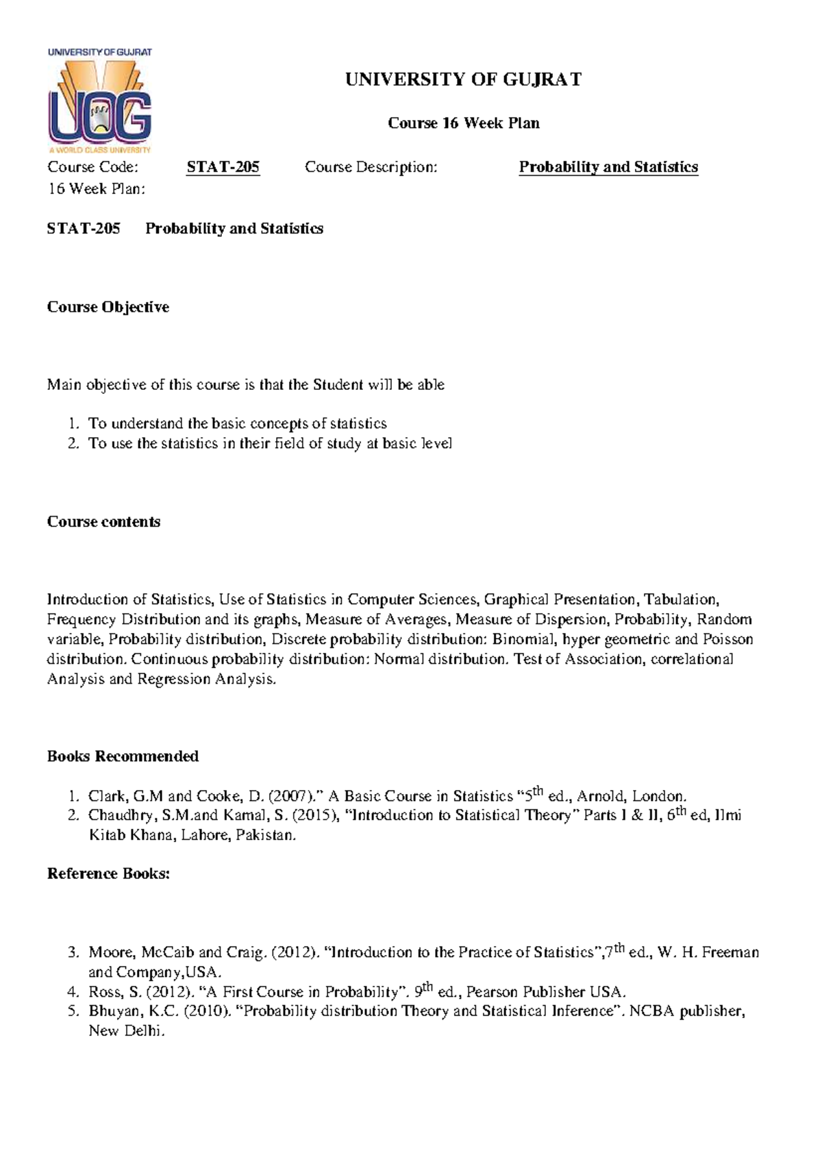 Probability and Statistics (STAT-205) 16-Week Course Outline - Studocu