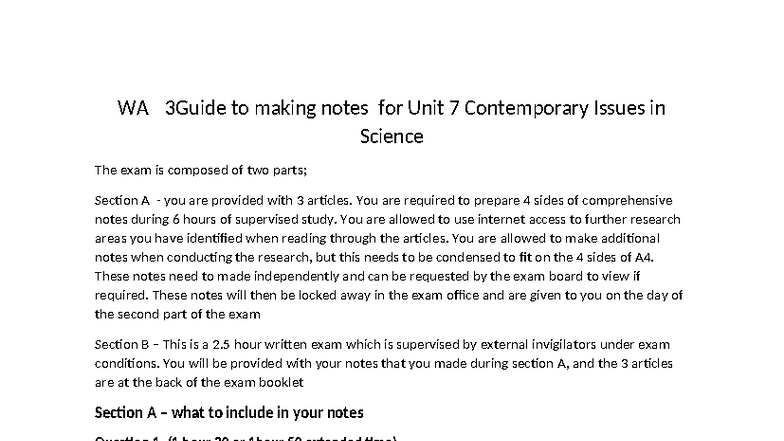 WA 3 Guide: Note-Making for Unit 7 Contemporary Issues in Science - Studocu
