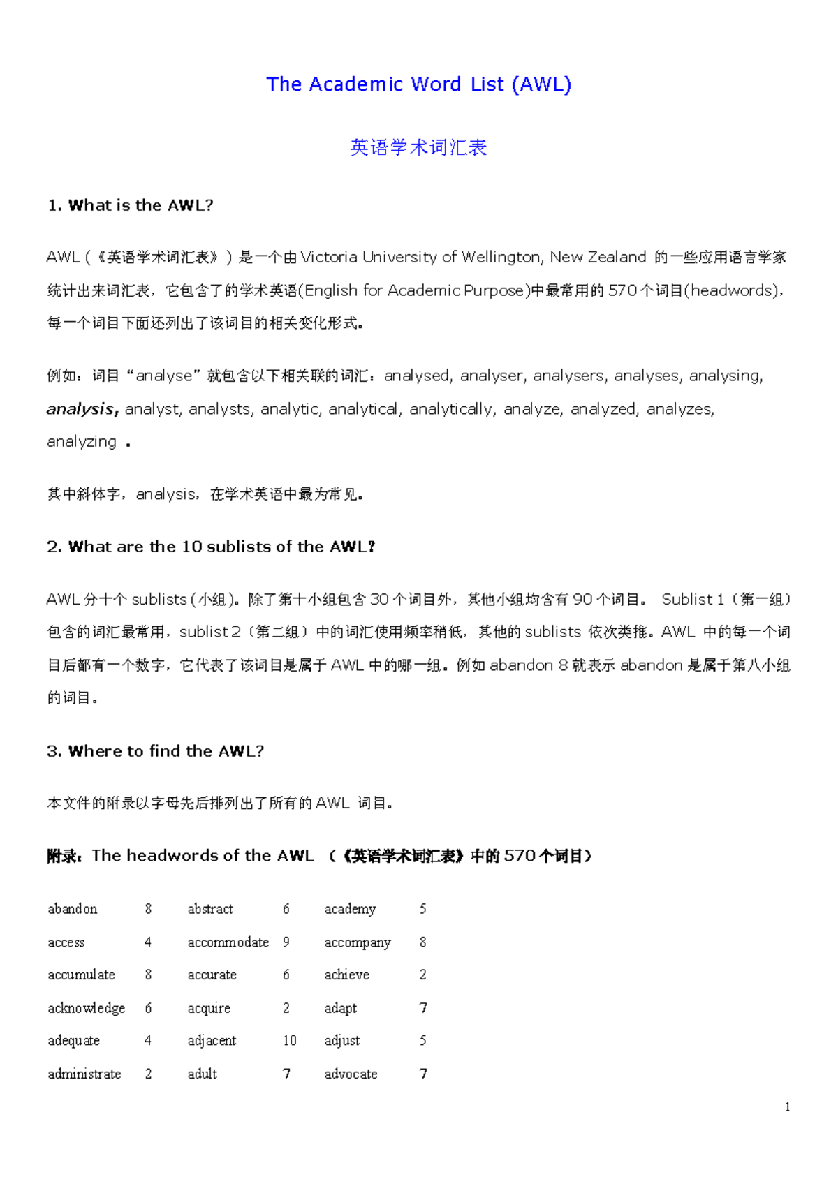 The Academic Word List (AWL) 570 Core Vocabulary in English - Studocu