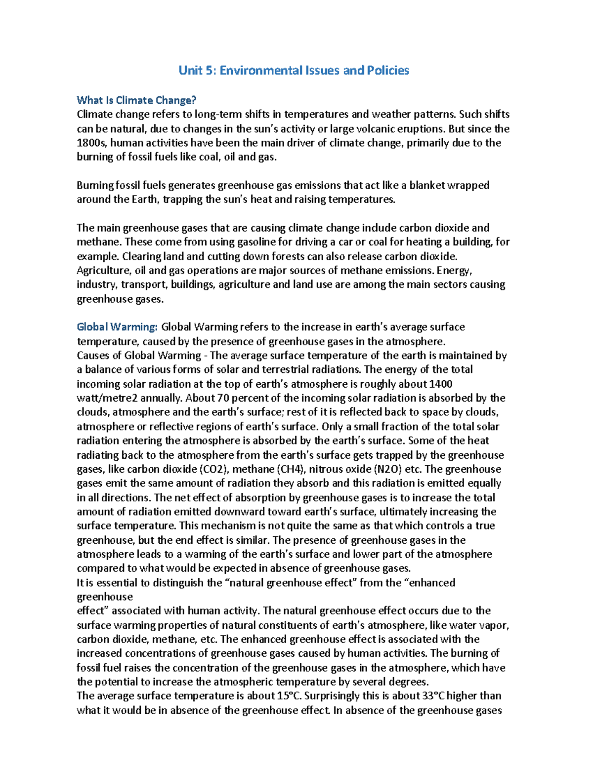 Unit 5: Global Environmental Issues & Policies - Climate Change ...