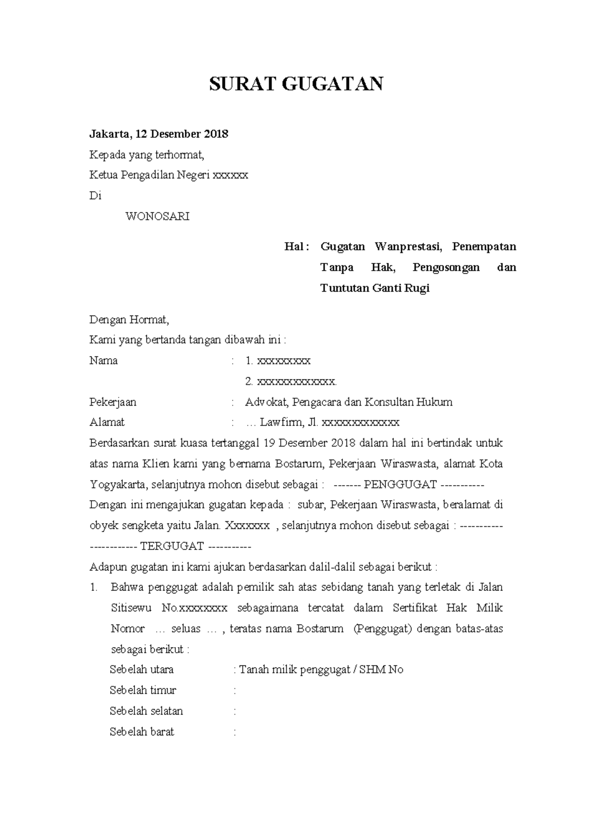 15. Contoh Surat Gugatan Perdata Wanprestasi dan Penyelesaian Sengketa ...