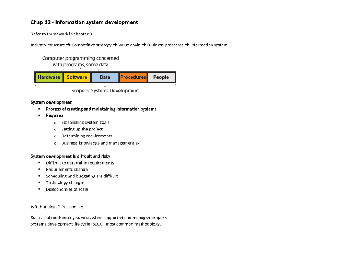 SDLC summary sheet - S2016 - Chap 12 - Information system development ...