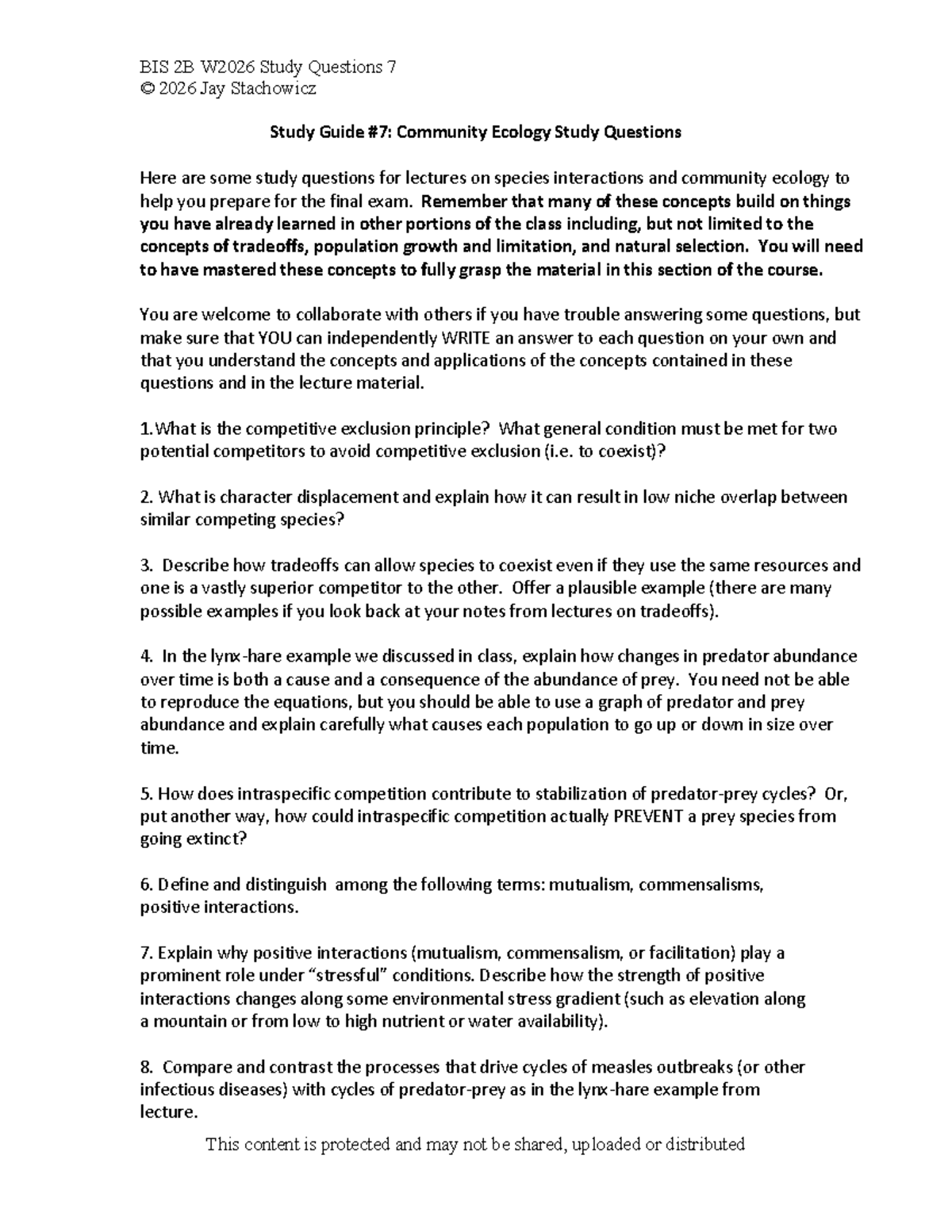 BIS 2B W2026 Final Exam Study Questions on Community Ecology - Studocu