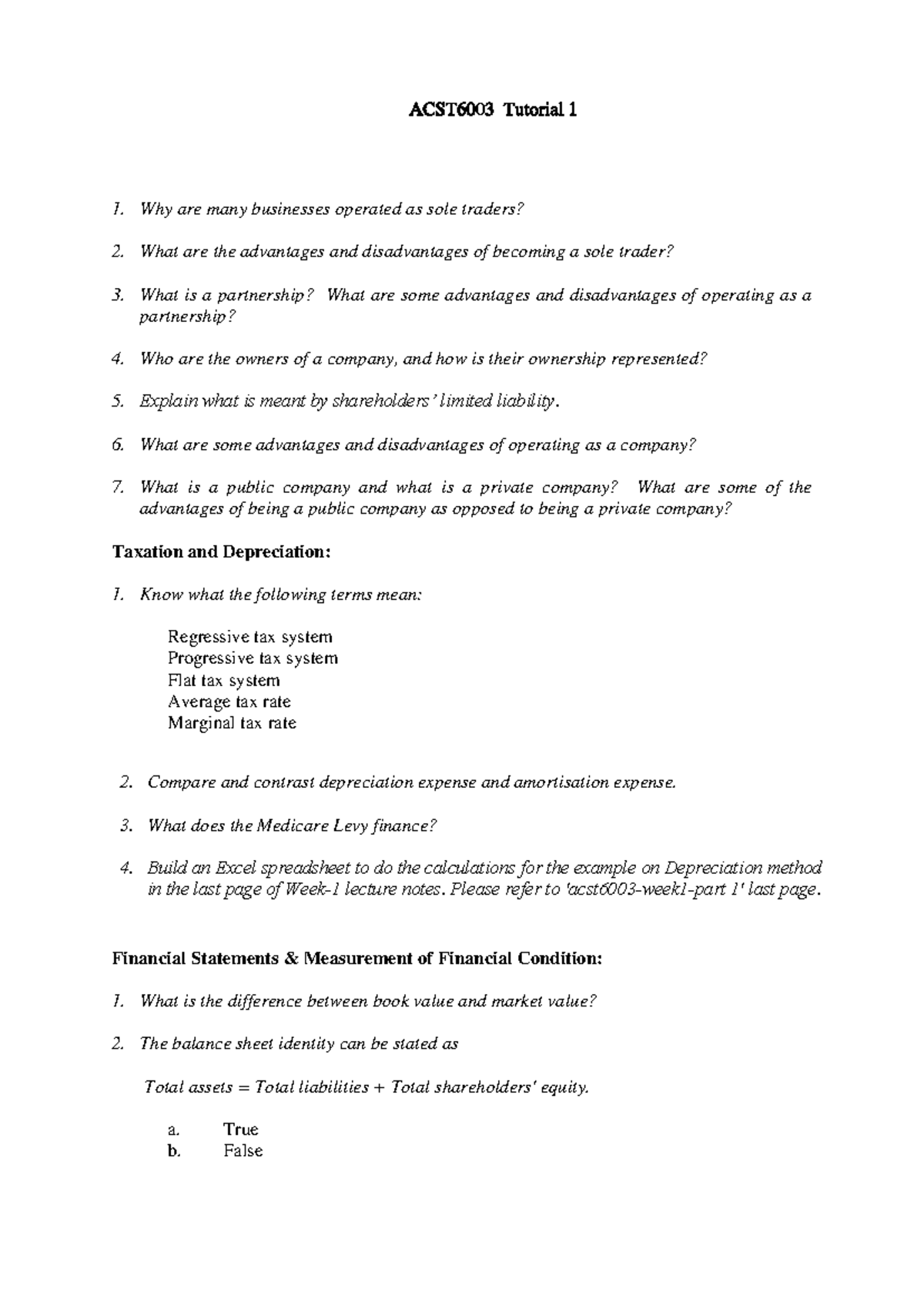 ACST6003 Week 2 Tutorial 1: Sole Traders, Partnerships & Financial ...