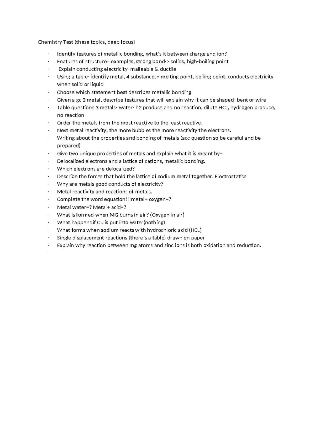 Chemistry Test: Metallic Bonding & Reactivity Concepts - Studocu