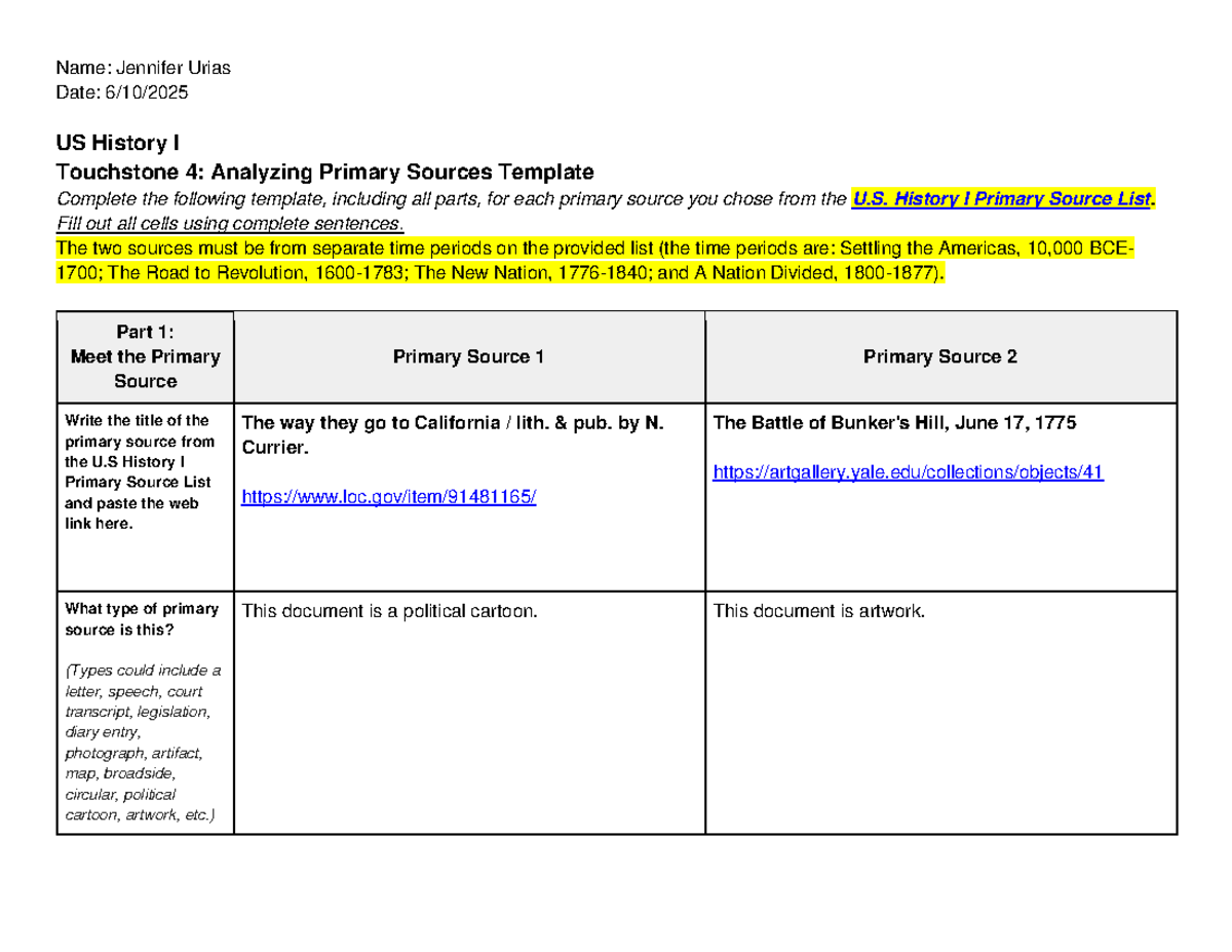 US History I Touchstone 4: Analyzing Primary Sources Template - Studocu