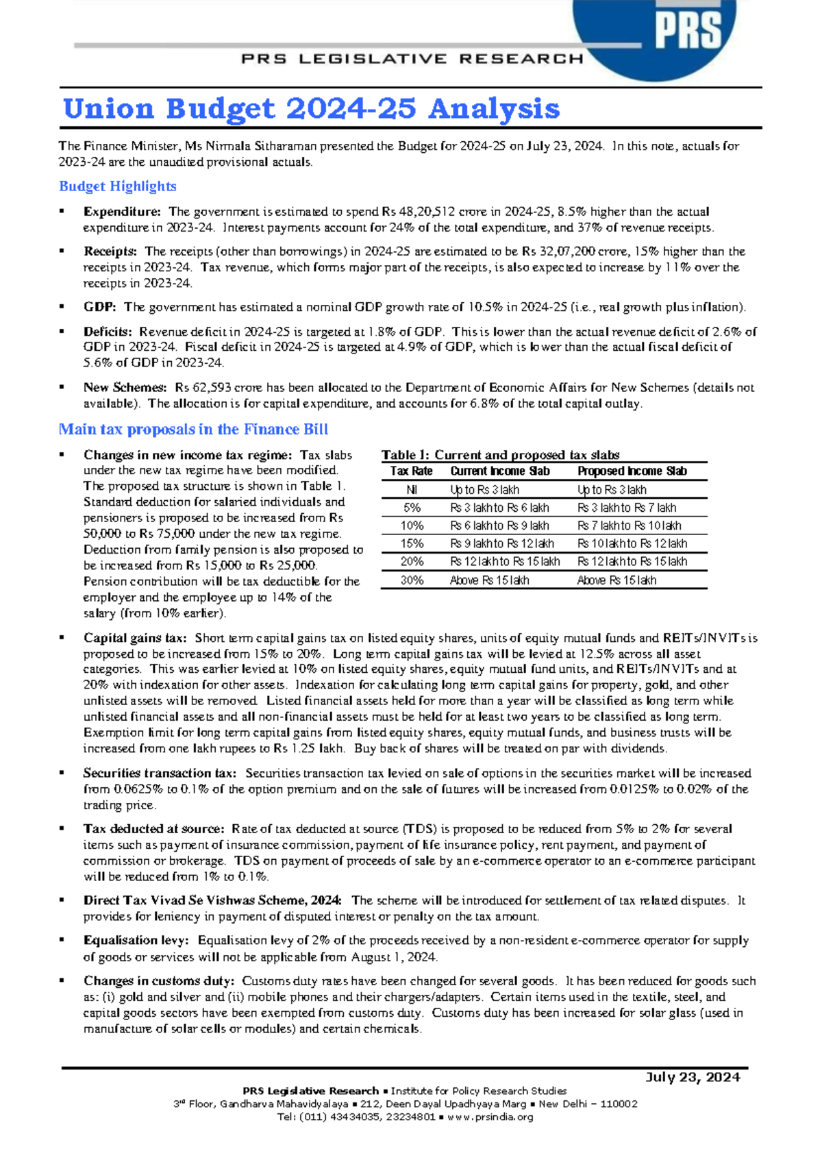 Union Budget Analysis 2024-25: Key Highlights and Proposals - Studocu
