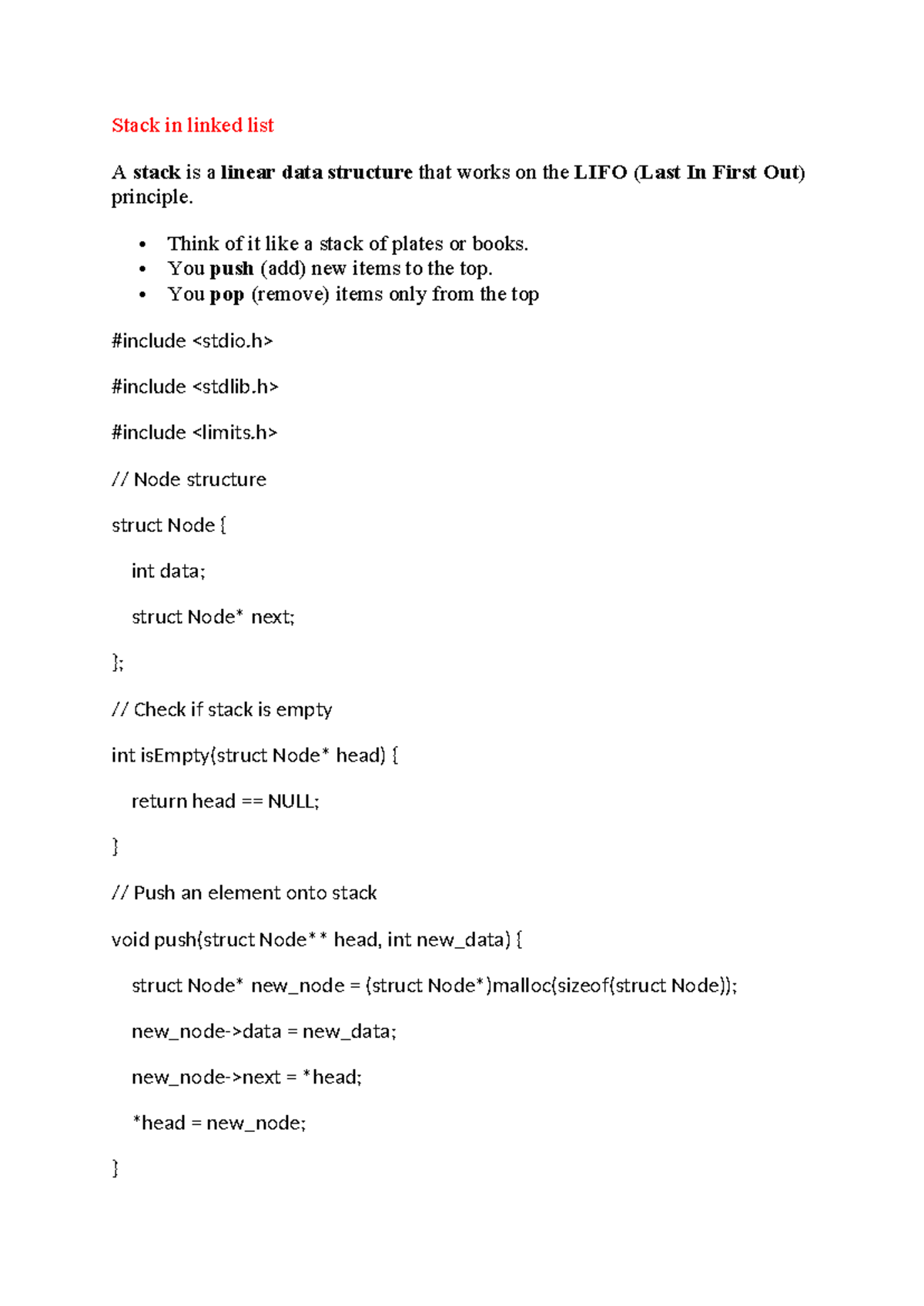 CS101: Stack Implementation in Linked List - Concepts & Code - Studocu