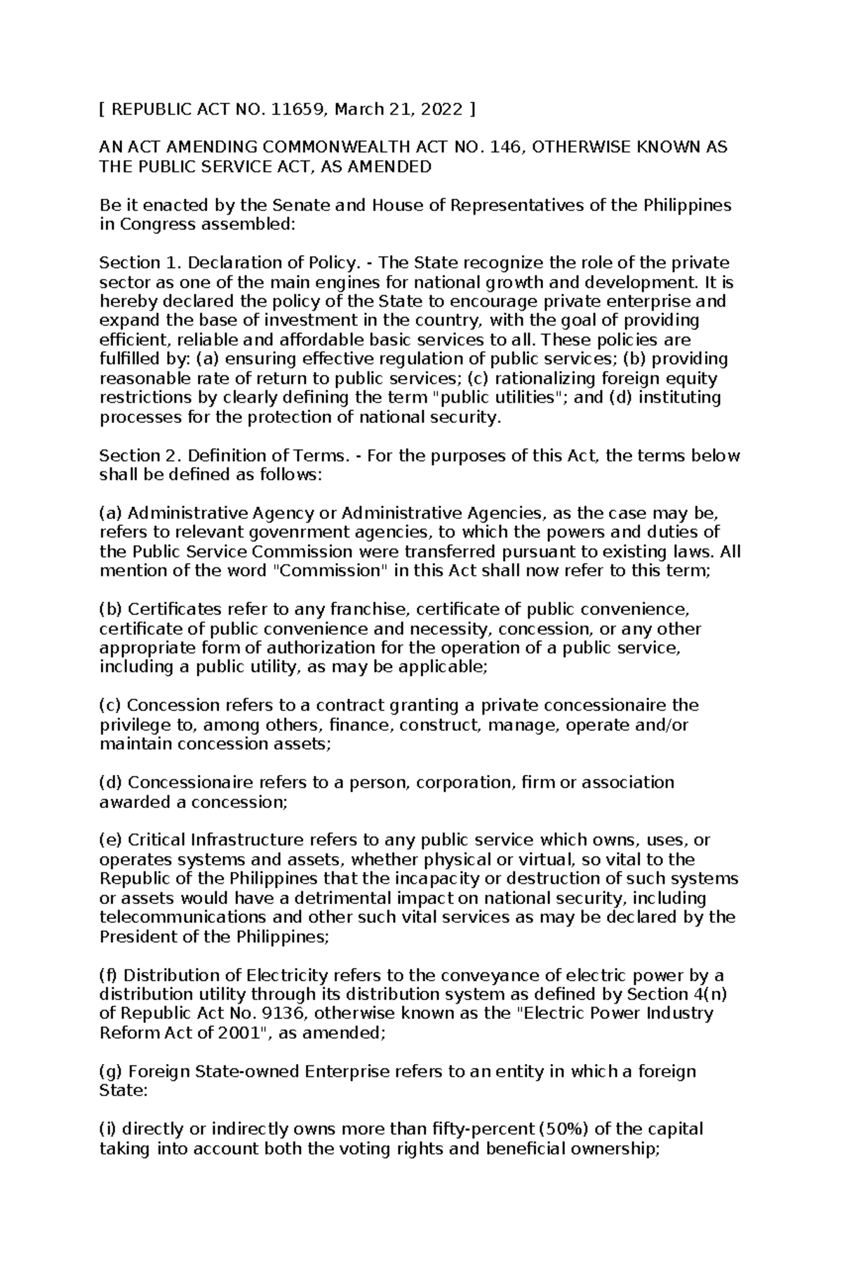 Public Service Act - [ REPUBLIC ACT NO. 11659, March 21, 2022 ] AN ACT ...