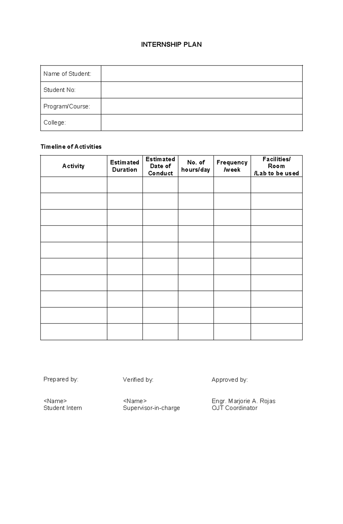 Internship Plan - ok na sana - Thesis Writing 1 - INTERNSHIP PLAN Name ...