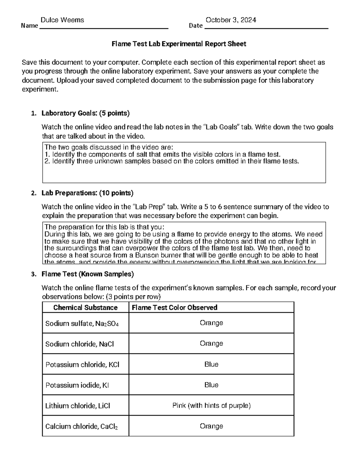 Flame Test Lab Worksheet: Experimental Report and Analysis - Studocu