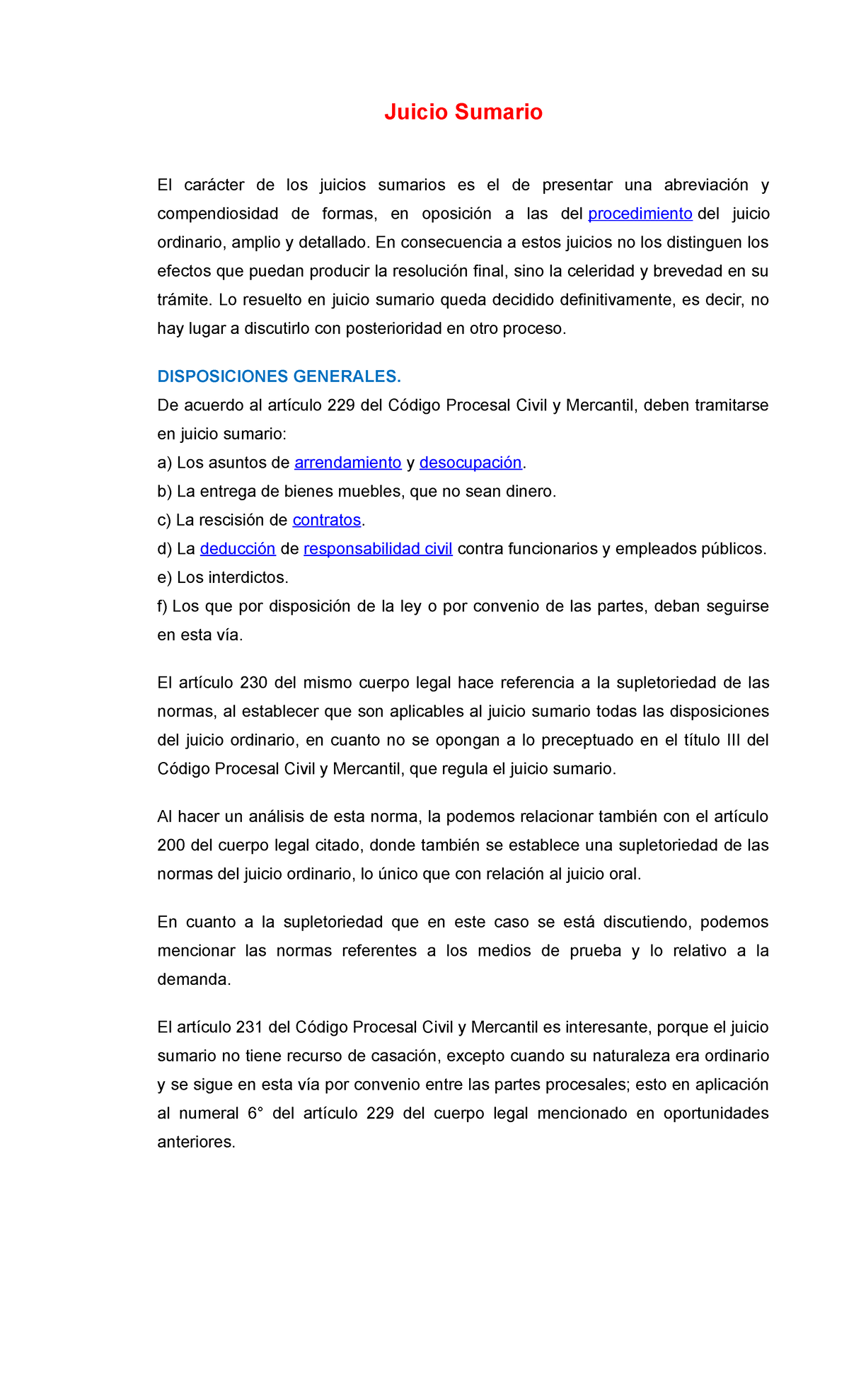 Juicio Sumario de Entrega de Cosas: Fundamentos y Procedimientos - Studocu