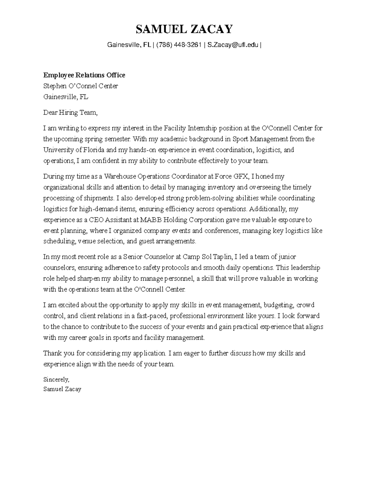 Cover letter - ddddsjn - SAMUEL ZACAY Gainesville, FL | ( 786 ) 448 ...