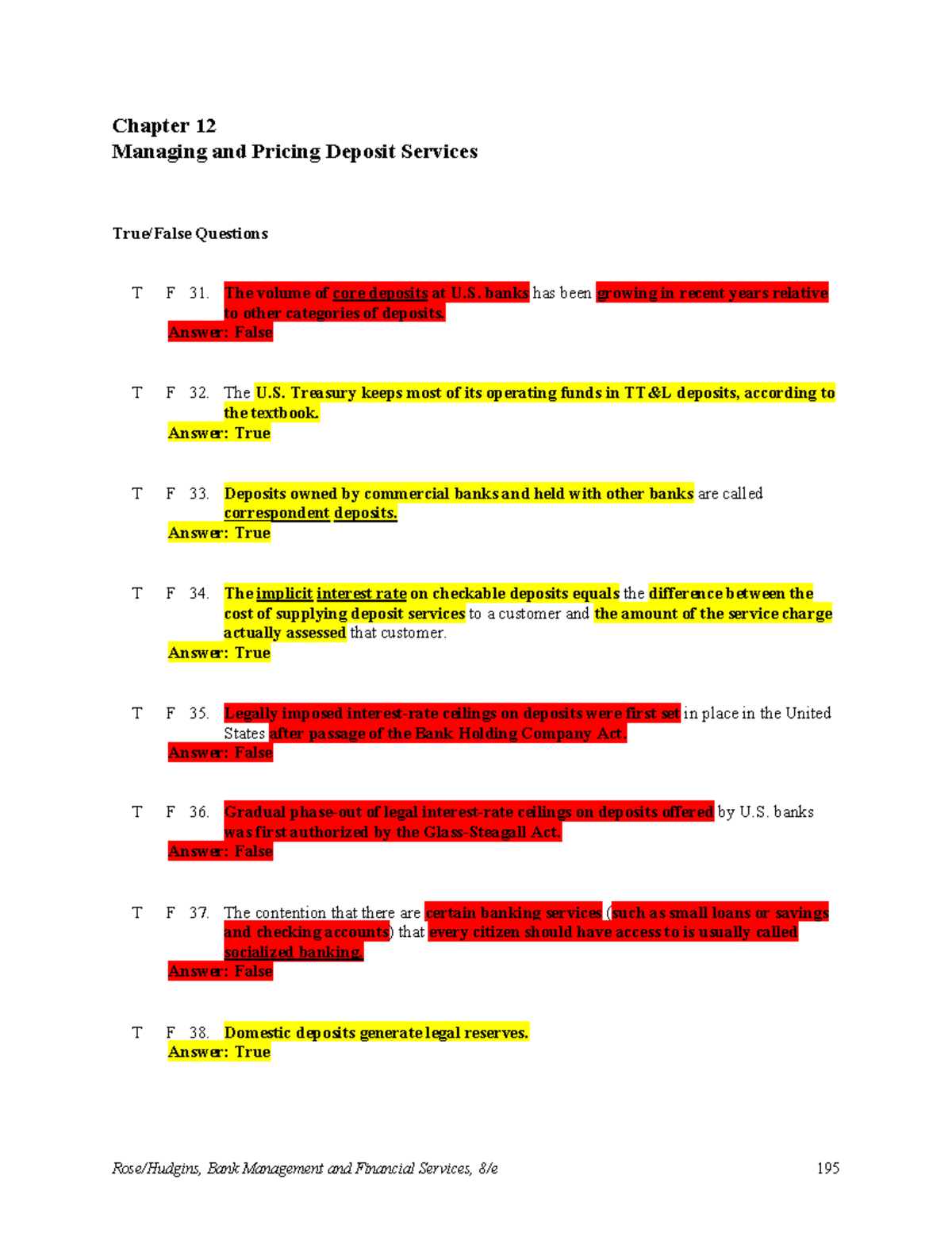 Chapter 12 Test Bank: Managing and Pricing Deposit Services (Bank Mgmt ...