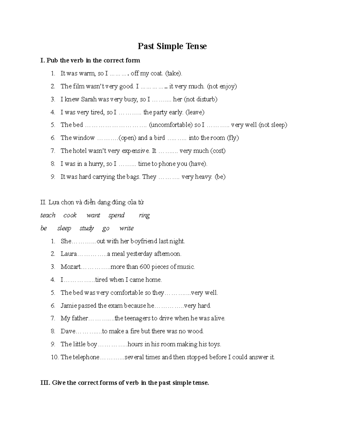 QUÁ KHỨ ĐƠN - ÔN TẬP - sdskllvsevaej'va' - Past Simple Tense I. Pub the ...