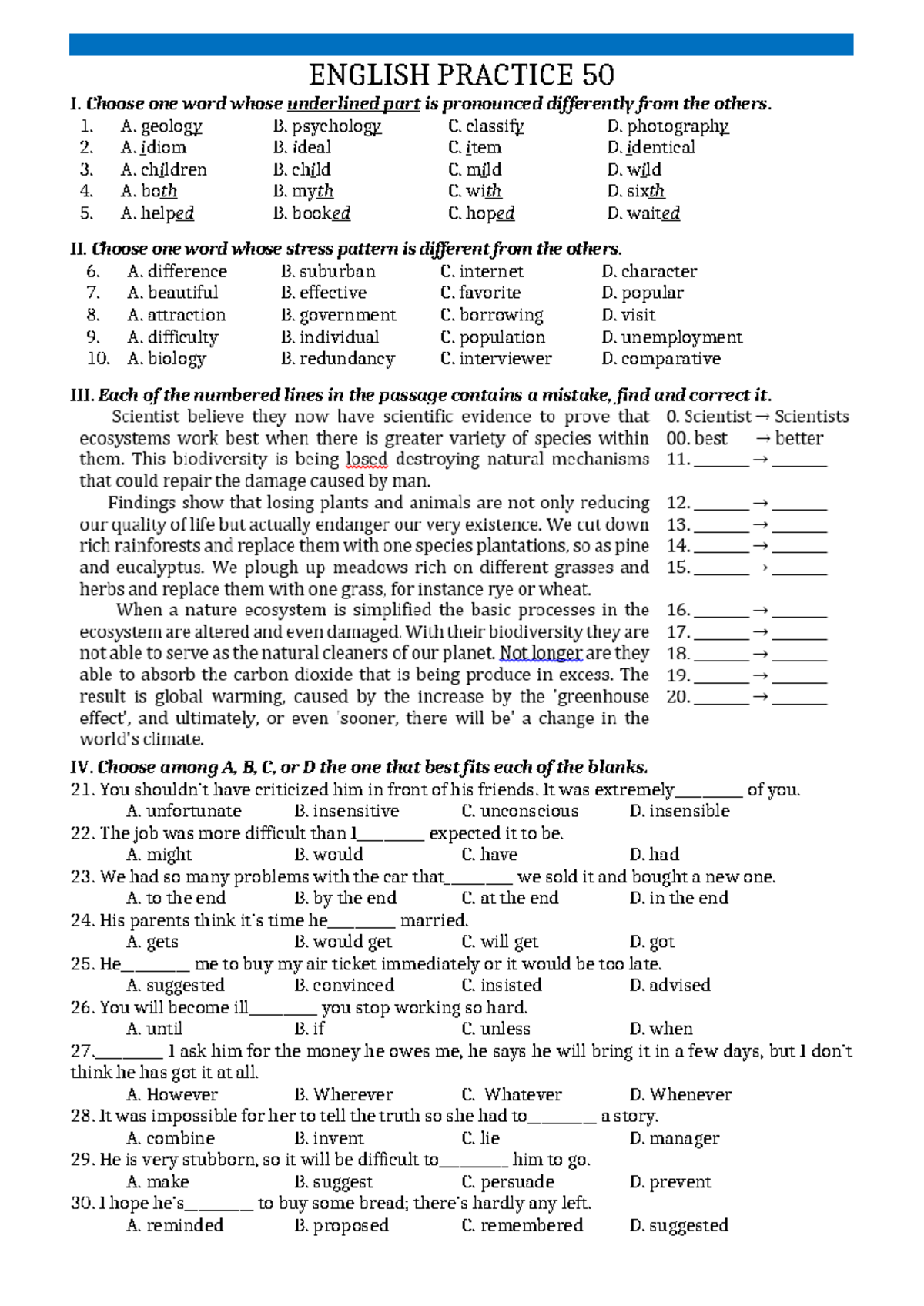 ENGLISH PRACTICE 50: Pronunciation, Stress, and Language Skills Test ...