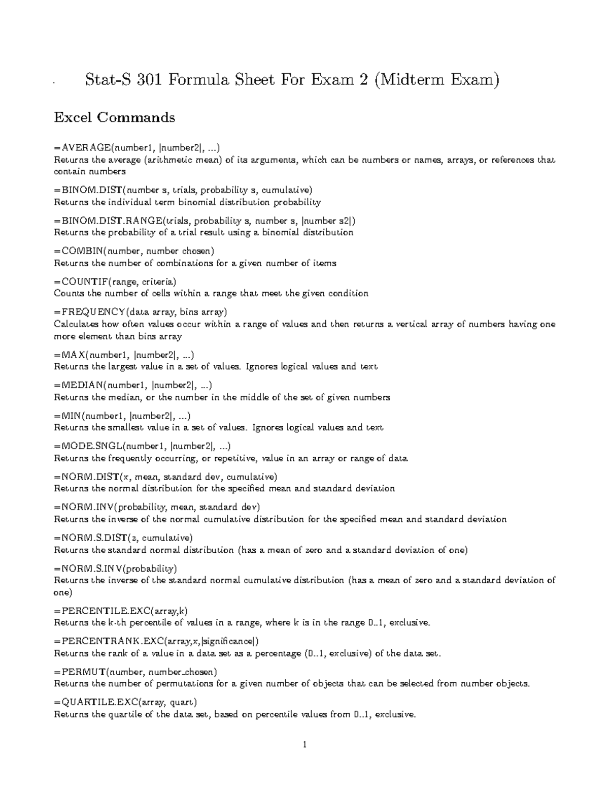 Stat S301 Formula Sheet for Midterm Exam 2 - Key Excel Commands and ...