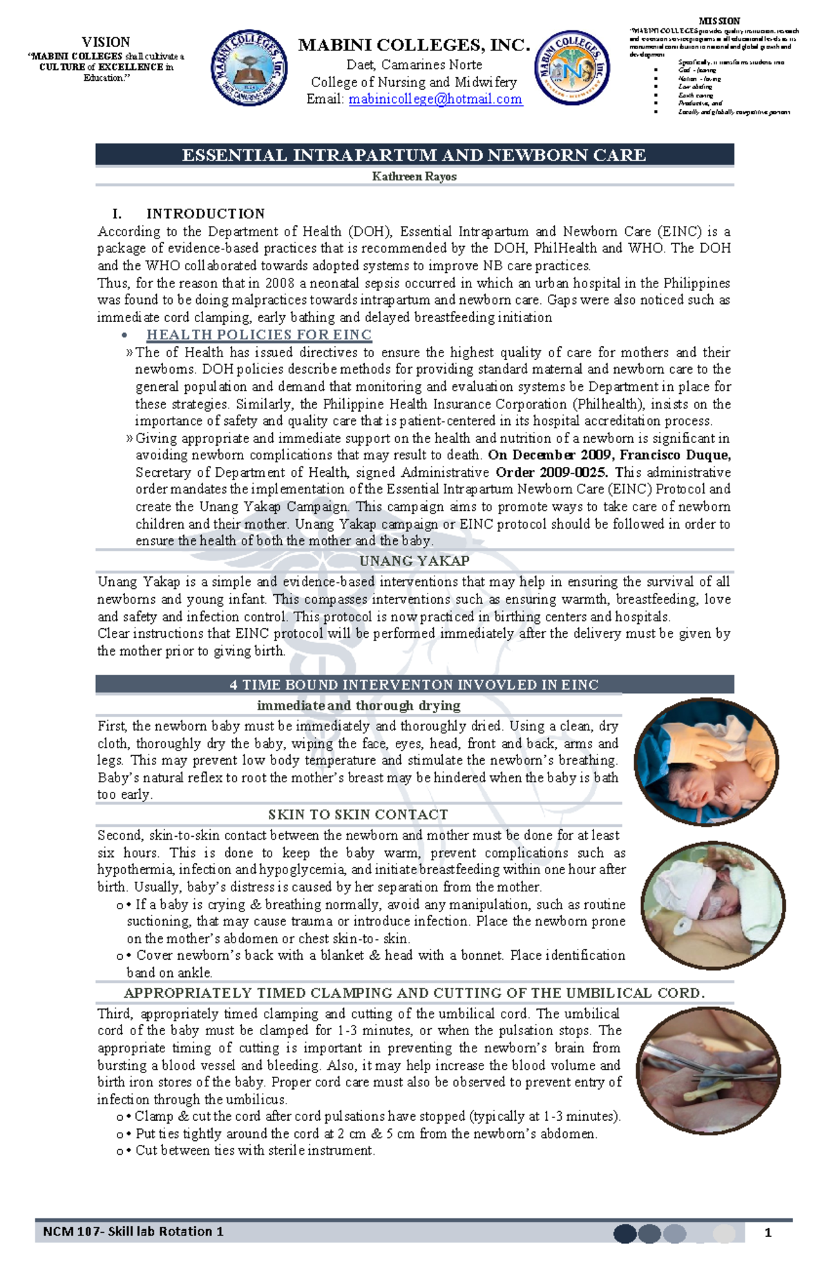Essential Intrapartum & Newborn Care (EINC) Skills Guide - NCM - Studocu