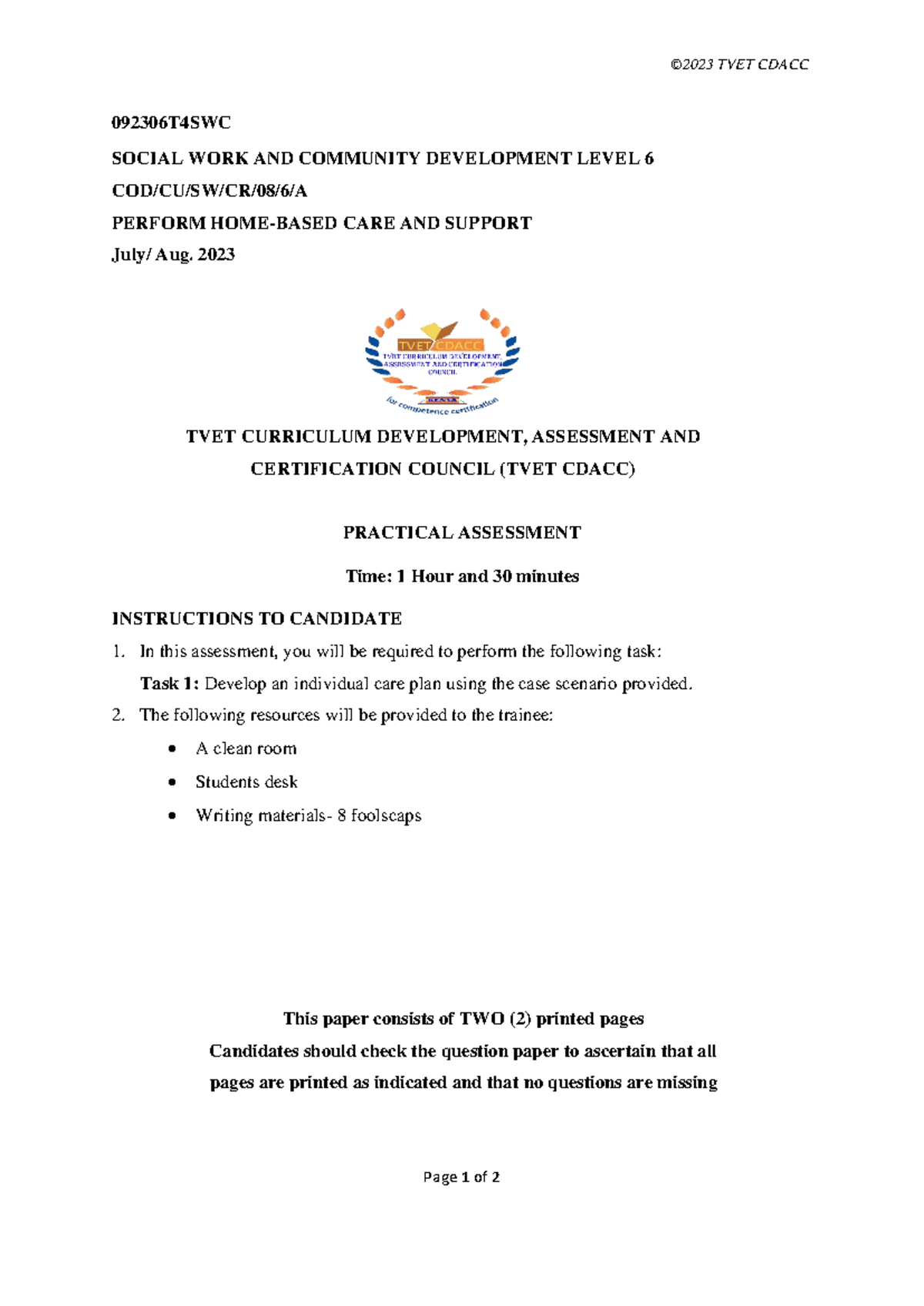 TVET CDACC 092306T4SWC Level 6 Practical Assessment: Home-Based Care ...