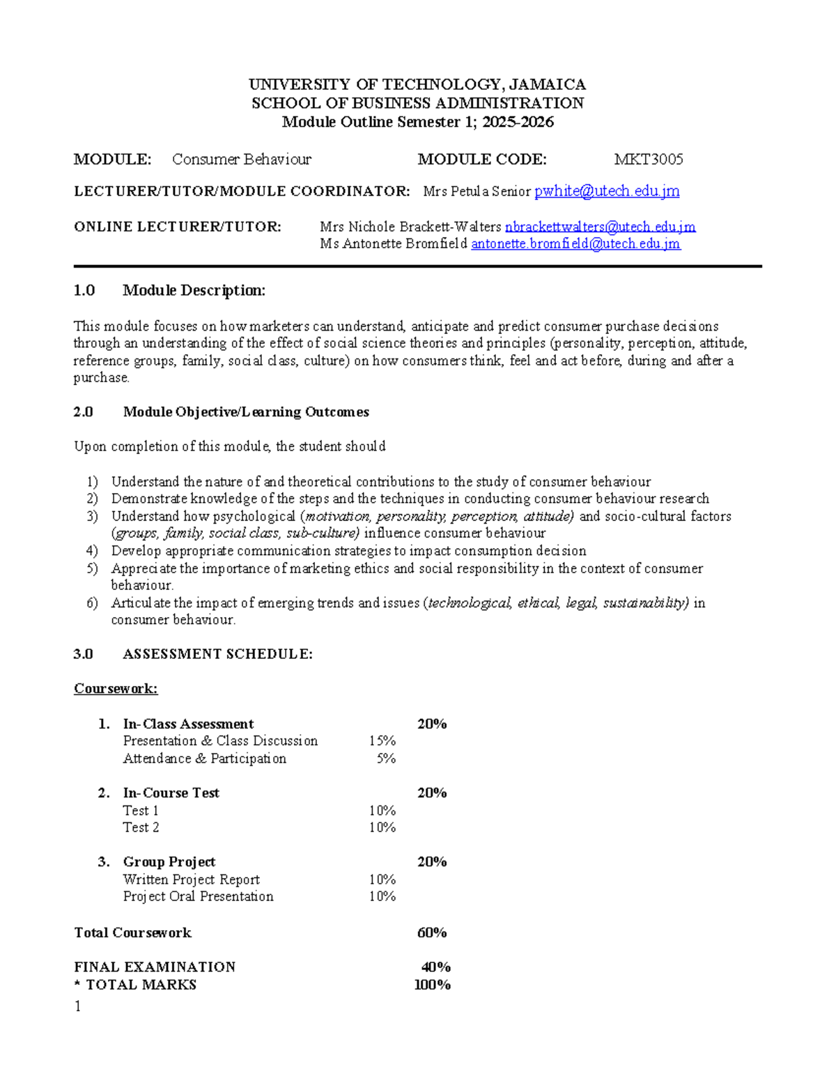 MKT3005 Consumer Behaviour Module Outline - Semester 1 2025-26 - Studocu
