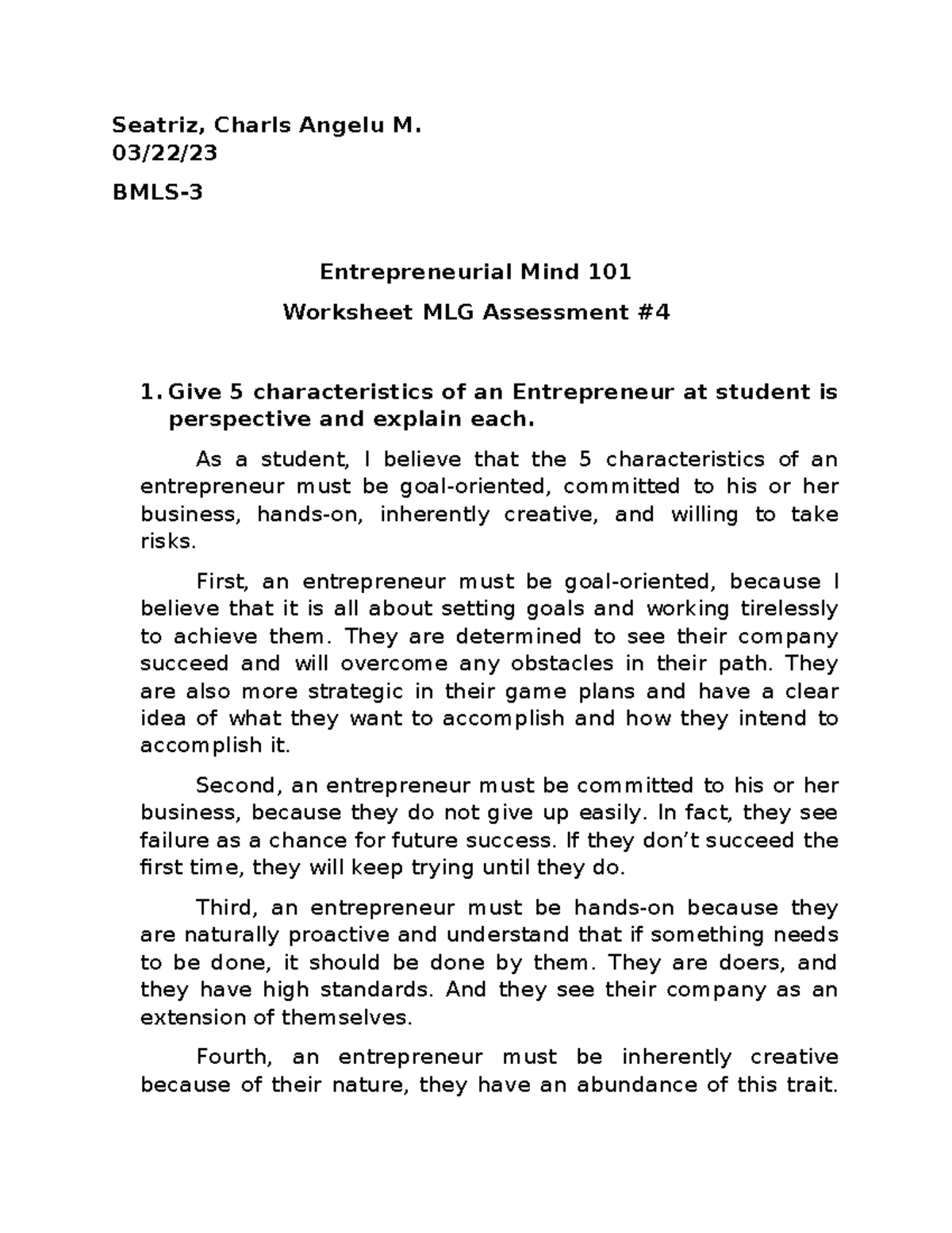 Entrep 101 Assessment 4: Entrepreneur Characteristics & Stories - Studocu