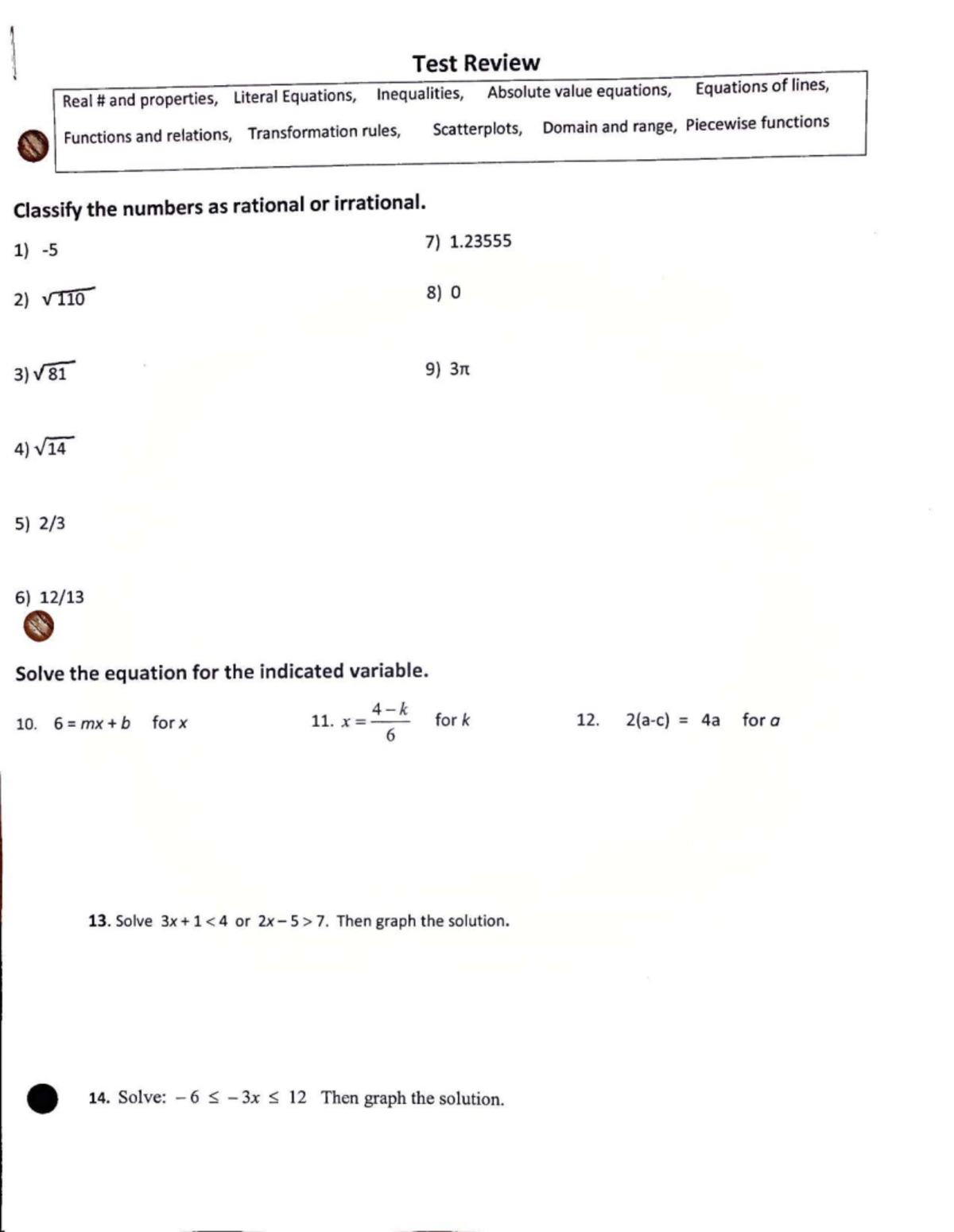 Math Test Review: Real Numbers, Equations, Functions & Graphs - Studocu