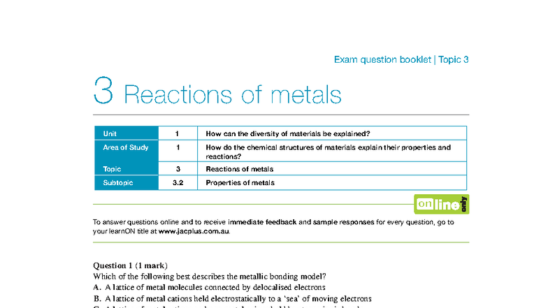 Reactions of Metals - Unit 1 Exam Question Booklet - Studocu