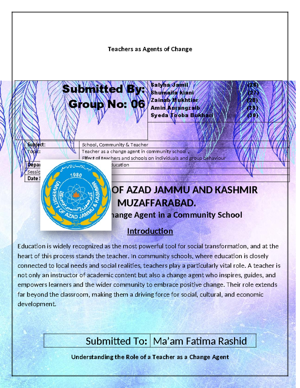 Teachers as Agents of Change: Final Assignment Analysis - Studocu