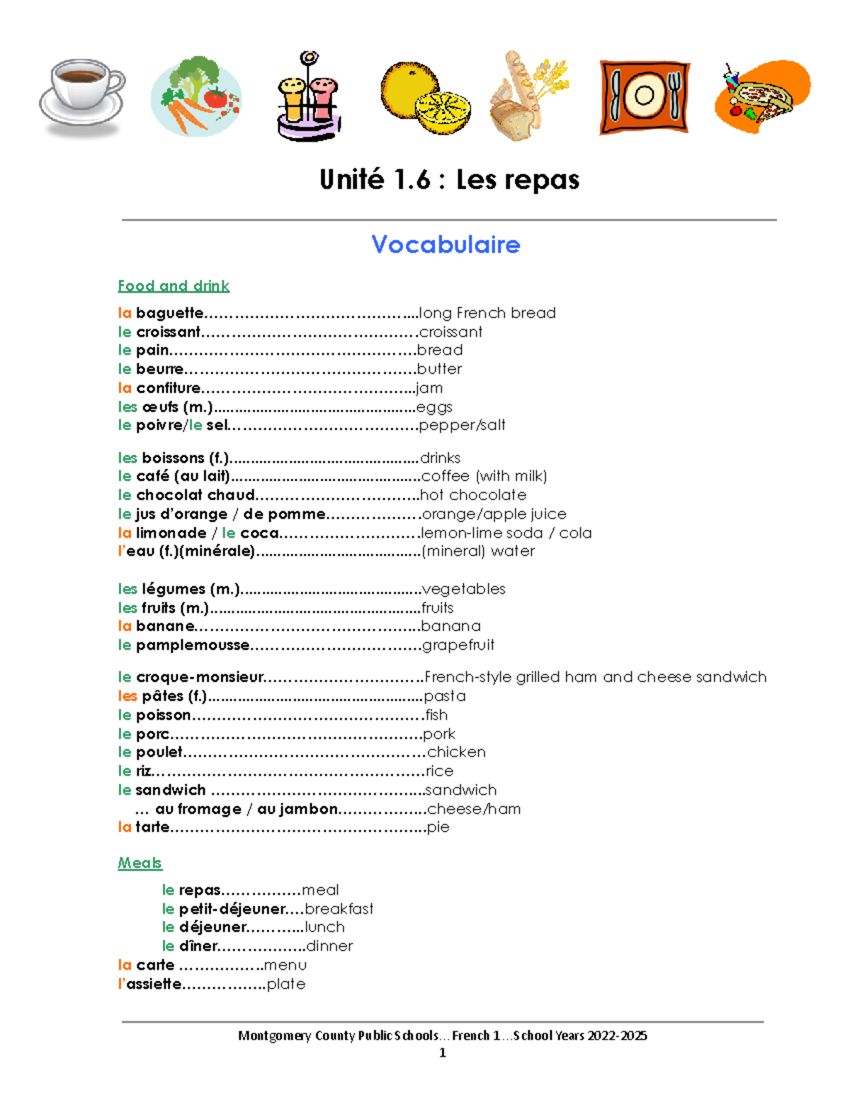 French 1.6 Vocabulary: Les repas - Food and Drink (2022-2024) - Studocu