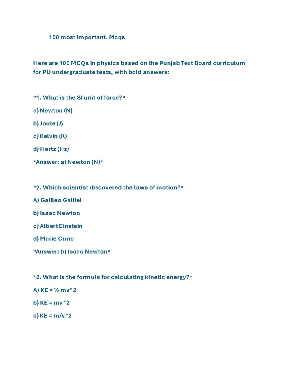 PU Physics MCQs: 100 Essential Questions for Exams - Studocu