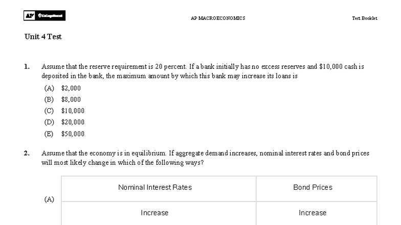 AP MACROECONOMICS Unit 4 Test 1: Multiple Choice Questions - Studocu