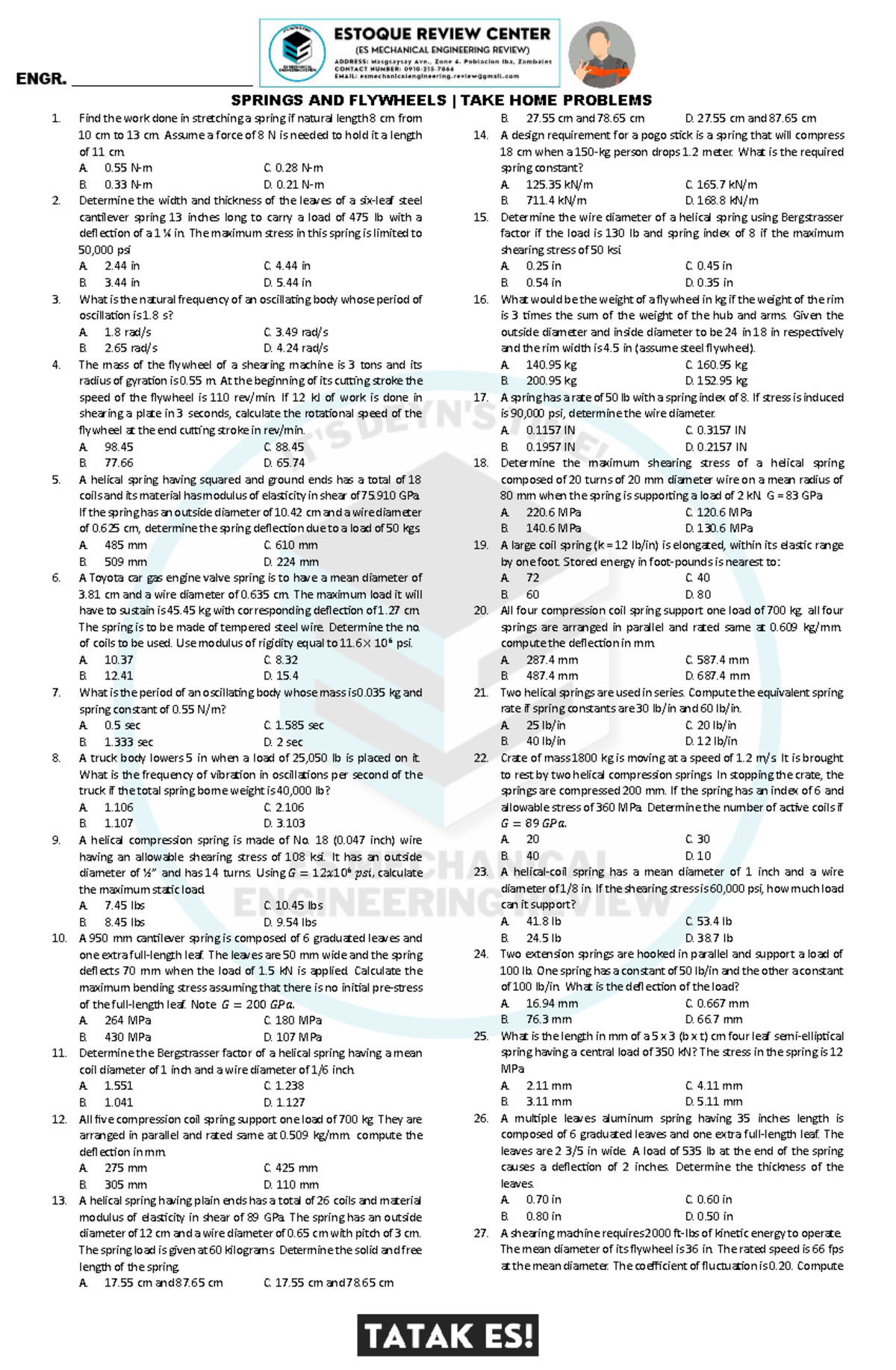 Springs and Flywheels: Take Home Problems (ENGR 101) - Studocu
