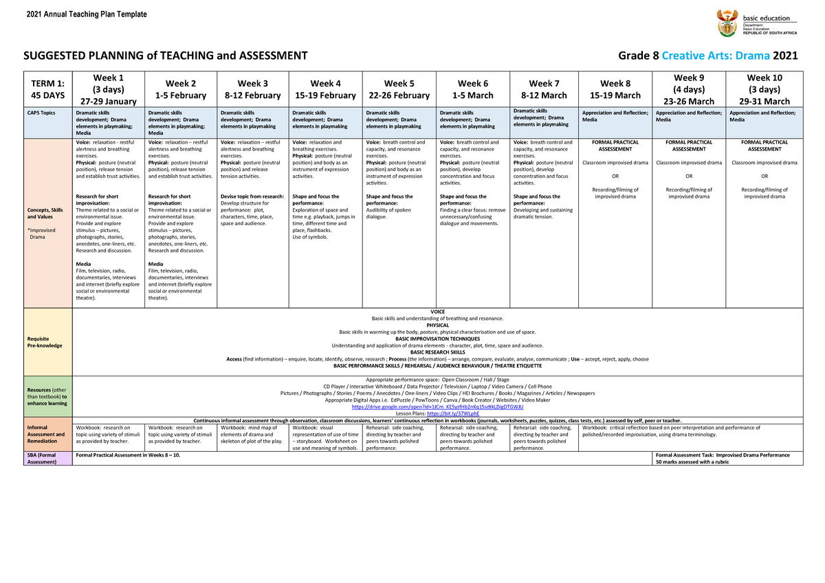 Grade 8 Drama: Teaching & Assessment Guide for 2021 (Terms 1-4) - Studocu