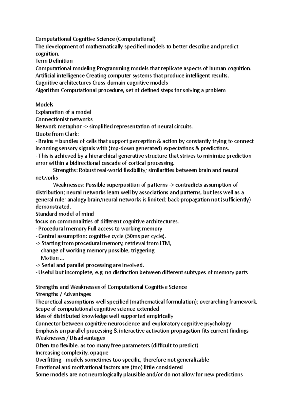 Computational Cognitive Science: Models, Strengths & Weaknesses ...