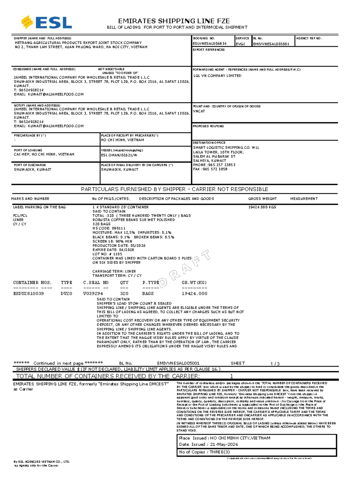EML 1: Bill of Lading for Intermodal Shipment - EMIVVNESAL005001 - Studocu