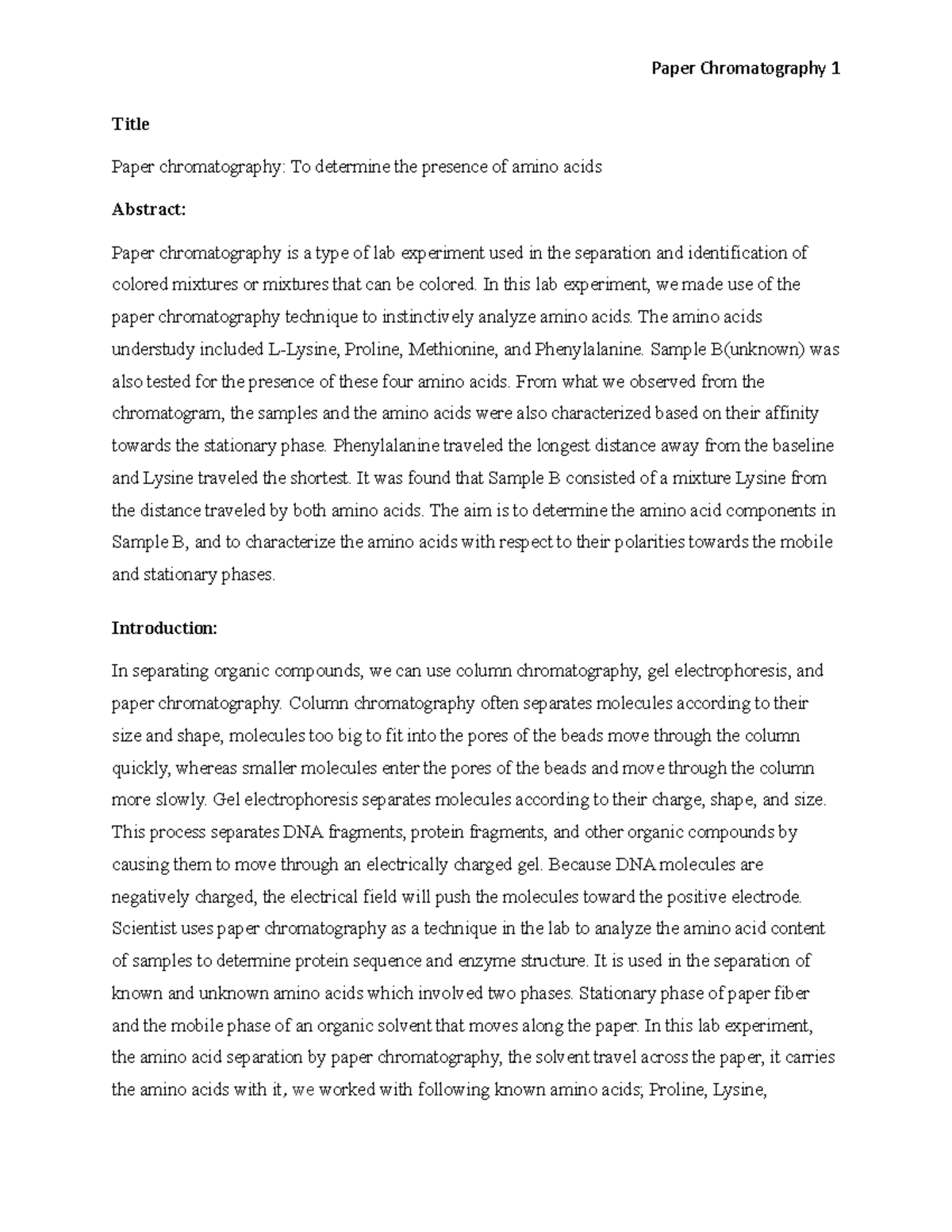Paper Chromatography Lab Report: Analysis of Amino Acids & Sample B ...