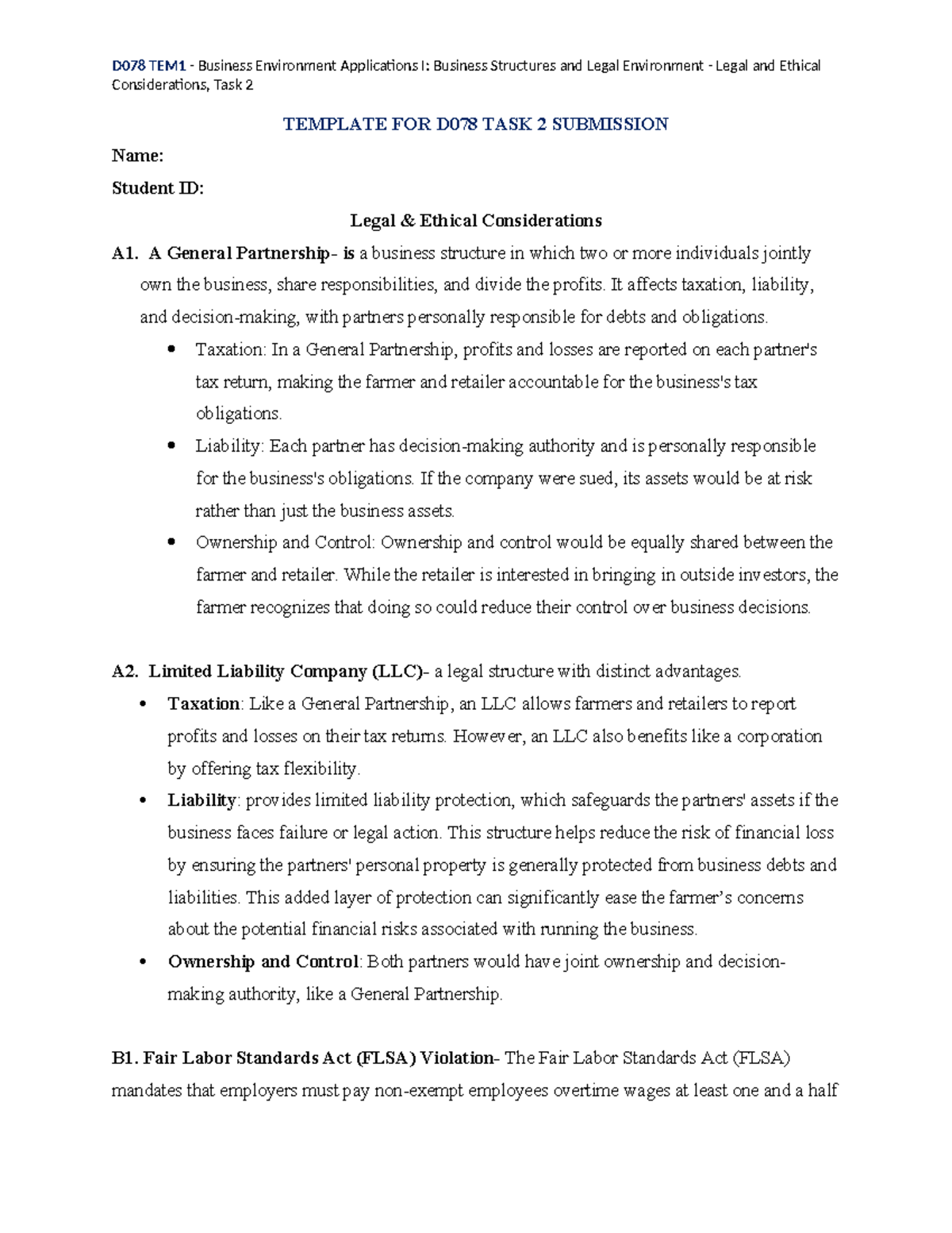 D078 TEM1 Business Environment: Legal & Ethical Considerations Task 2 ...