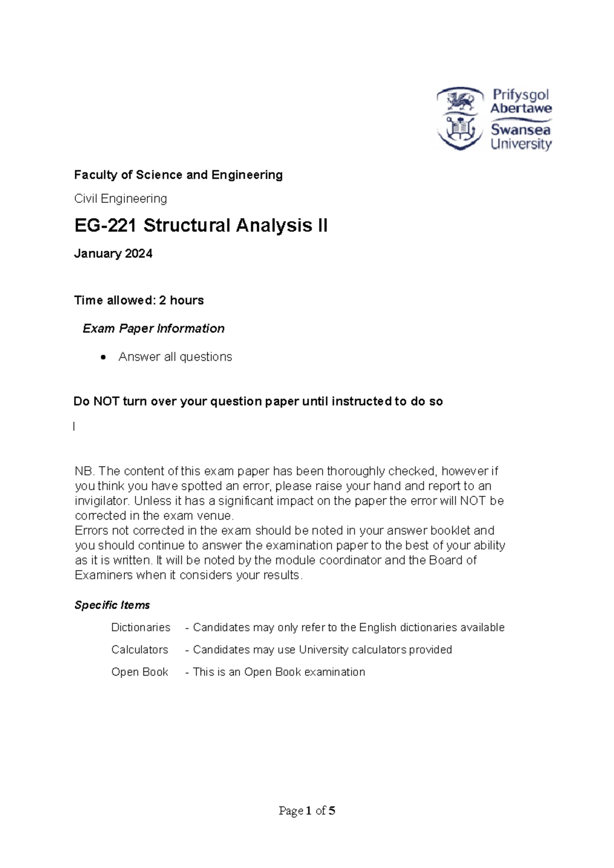 EG-221 Structural Analysis II Exam Paper January 2025 - 2 Hours - Studocu
