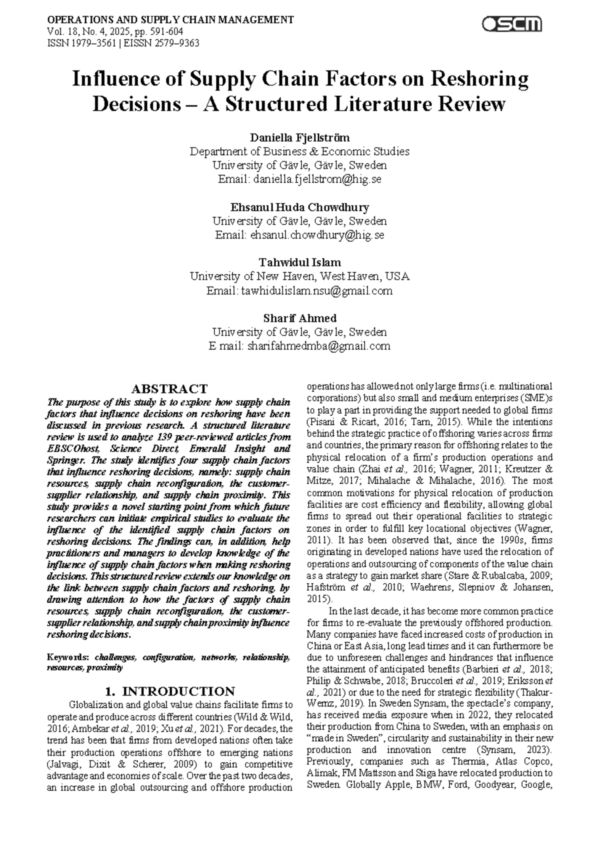 OSC 2025: Influence of Supply Chain Factors on Reshoring Decisions ...