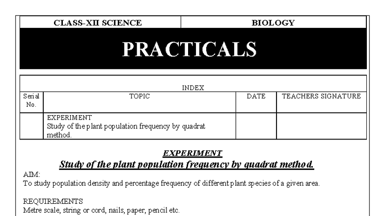 Class-XII Biology Practical: Plant Population Study Using Quadrat ...