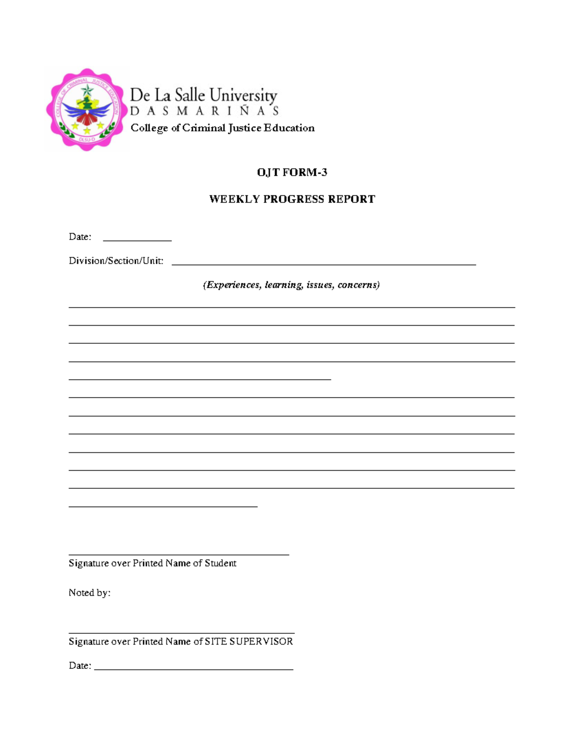 OJT Progress Report - free document dont dl - OJT FORM- 3 WEEKLY ...