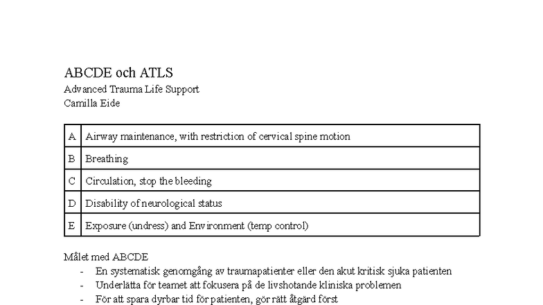 ABCDE och ATLS: Avancerad Trauma Livräddning och Behandling - Studocu