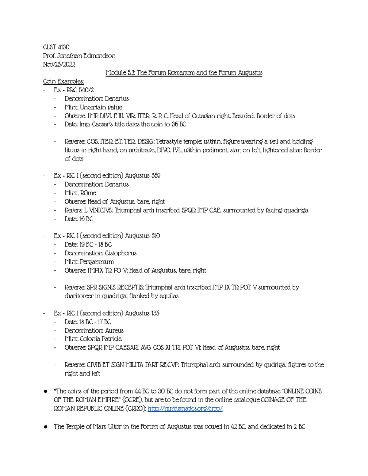 CLST 4130 Lecture 9 - Fall/Winter 2022-2023 Professor Jonathan ...