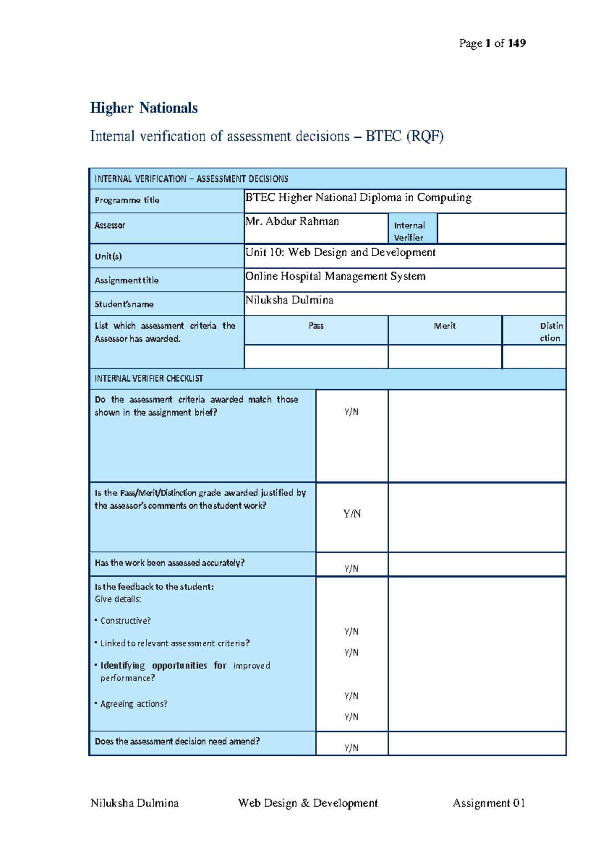 E126643 WDD Assignment: Internal Verification for Web Development Project - Studocu